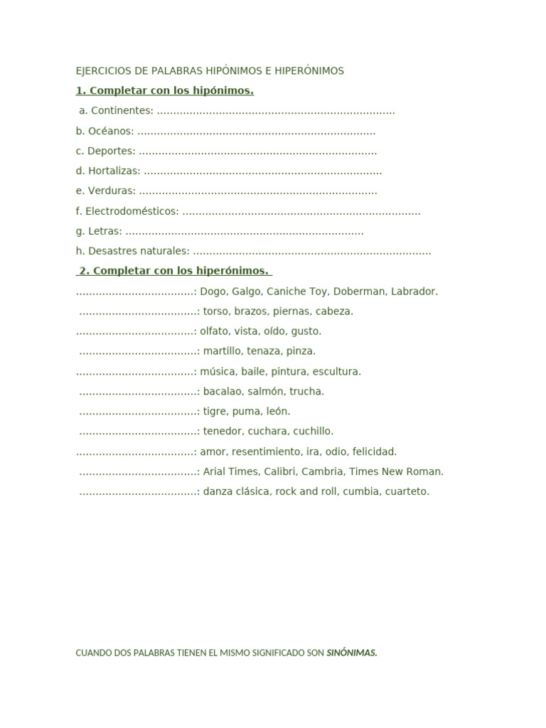 Ejercicios de Palabras Hipónimos e Hiperónimos | PDF | Digestión ...