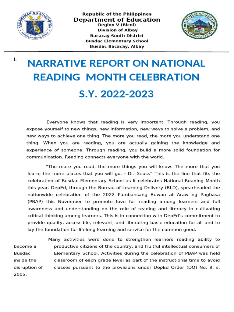 National Reading Month Report 2022 | PDF | Learning | Cognition