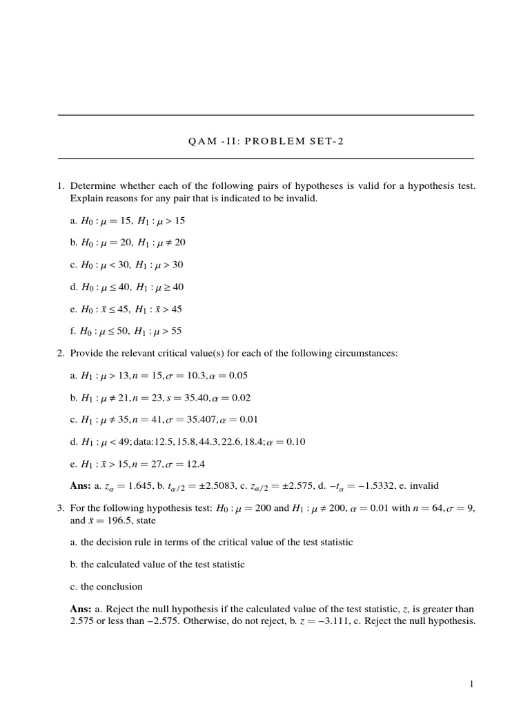 QAM-II Problem Set 2 | PDF | Hypothesis | Null Hypothesis
