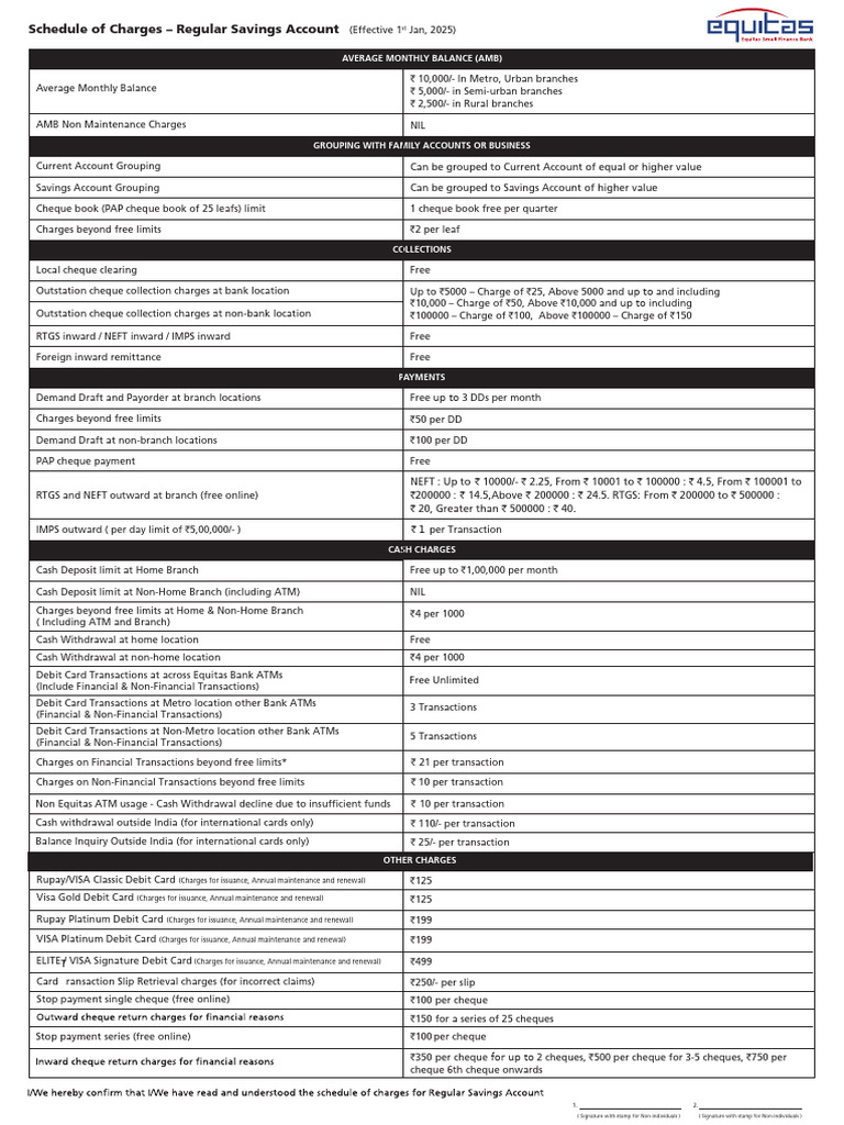Equitas Bank Regular Savings Charges 2025 | PDF | Debit Card ...
