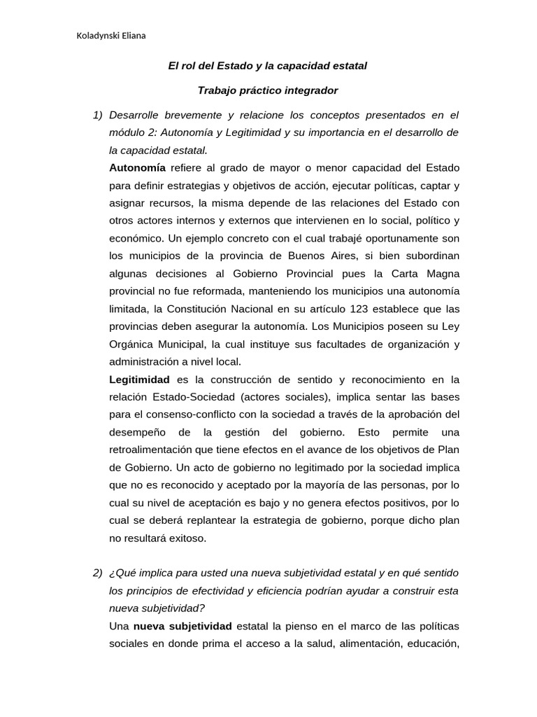 Autonomía: El Rol Del Estado y La Capacidad Estatal Trabajo Práctico ...