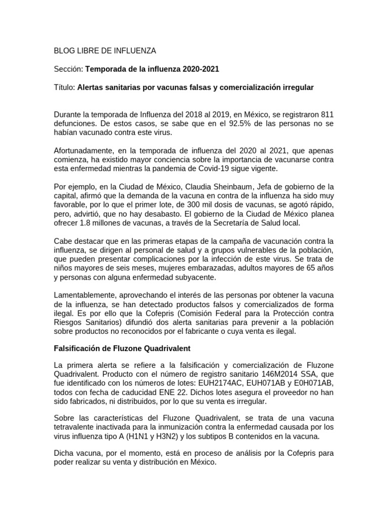 Temporada de La Influenza 2020-2021 - ALERTA SANITARIA | PDF ...