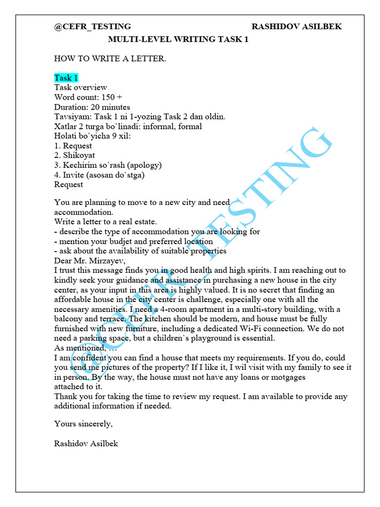 Multi-Level Writing Task 1 - Complaint Letter | PDF