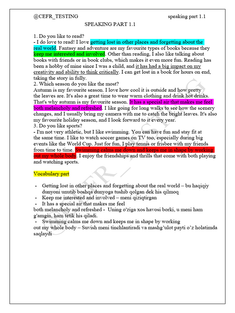 Speaking Part 1.1 - Unit 1 | PDF