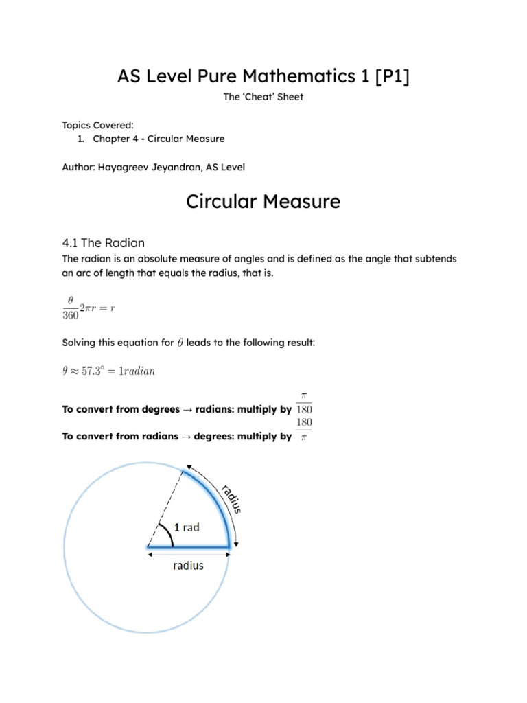 AS Level Pure Mathematics 1 (P1) 'Cheat' Sheet - CIRCULAR MEASURE | PDF