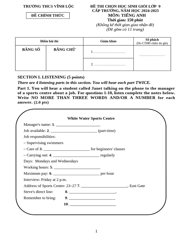 Đề Thi HSG Anh 9 2022-2023 - Số 1 | PDF