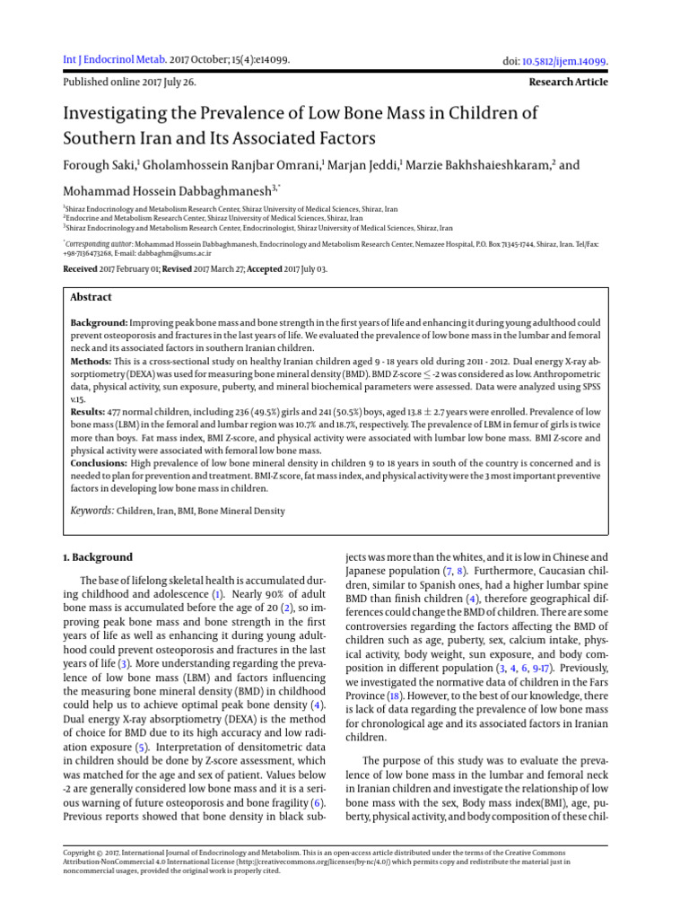 Nvestigating The Prevalence of Low Bone Mass in Children of | PDF ...