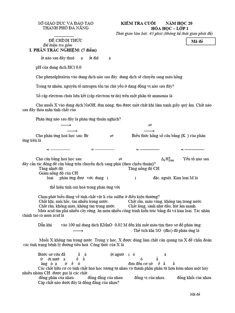 Kiem Tra Cuoi HKI HÓA 11 MĐ 311 Nam Hoc 2024 2025 | PDF