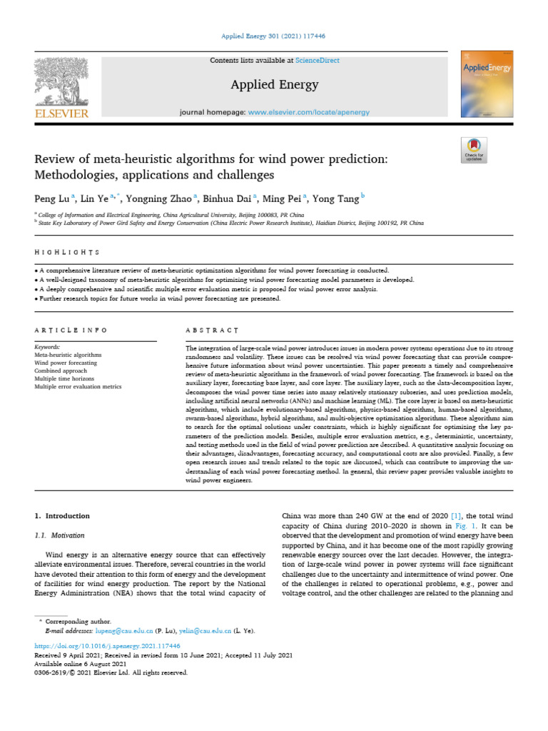 Review of Meta-Heuristic Algorithms For Wind Power Prediction - Methodologies, Applications and ...