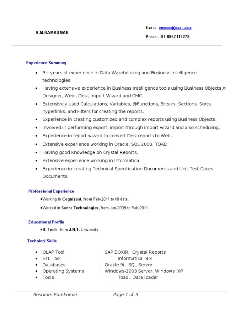 Ramkumar Sapbo Resume 3.7y | PDF | Data Warehouse | Data