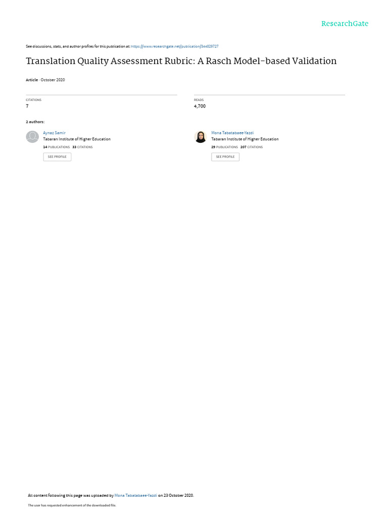 Translation Quality Assessment Rubric: A Rasch Model-Based Validation | PDF | Translations ...