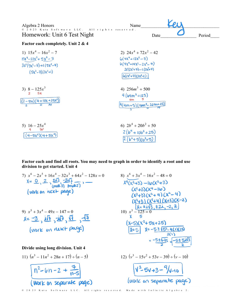Homework Unit 6 Test Night KEY | PDF