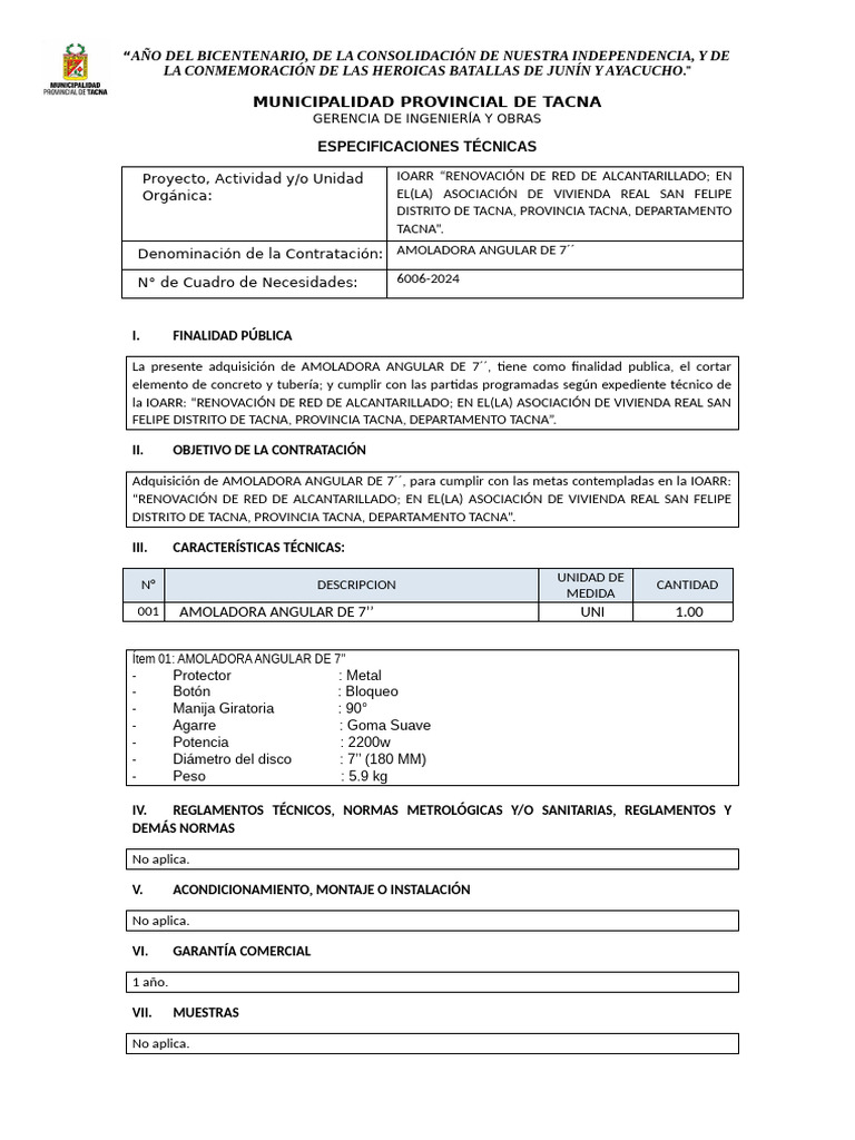 Especificaciones Amoladora Angular 7'' | PDF