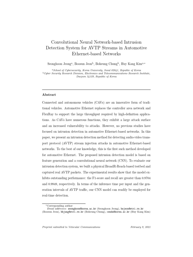 Convolutional Neural Network-Based Intrusion Detection System For AVTP Streams in Automotive ...