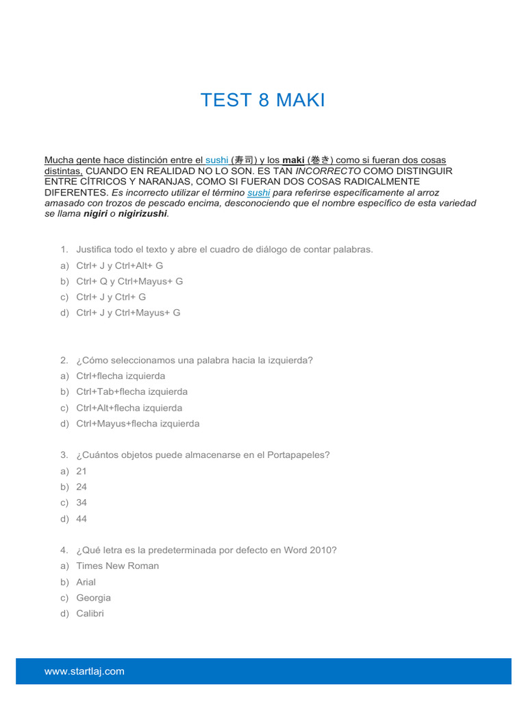 Test de Word: Preguntas y Respuestas | PDF | Sushi