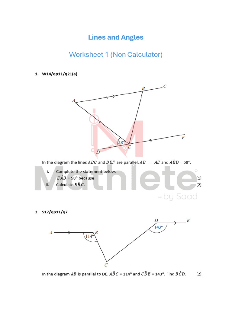 Lines and Angles Worksheet 1 | PDF