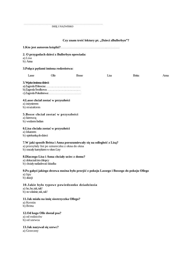 Dzieci Z Bullerbyn Sprawdzian | PDF