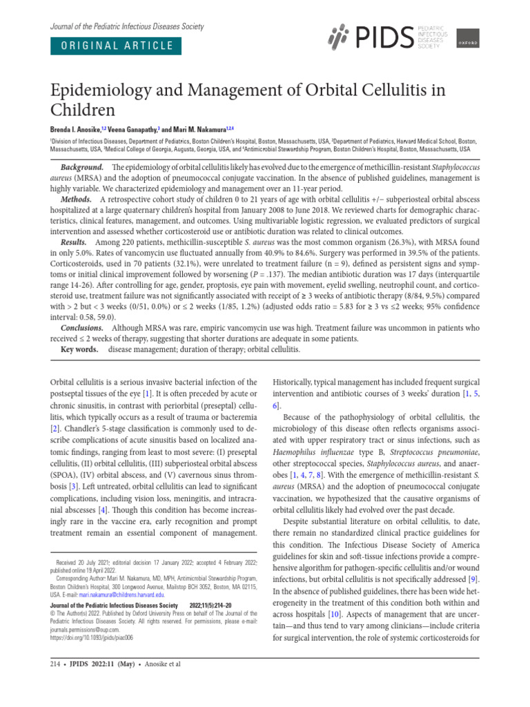 Epidemiology and Management of Orbital Cellulitis | PDF | Methicillin ...