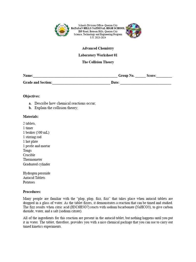 ADV CHEM LAB 08 Collision Theory | PDF | Chemical Reactions | Reaction Rate