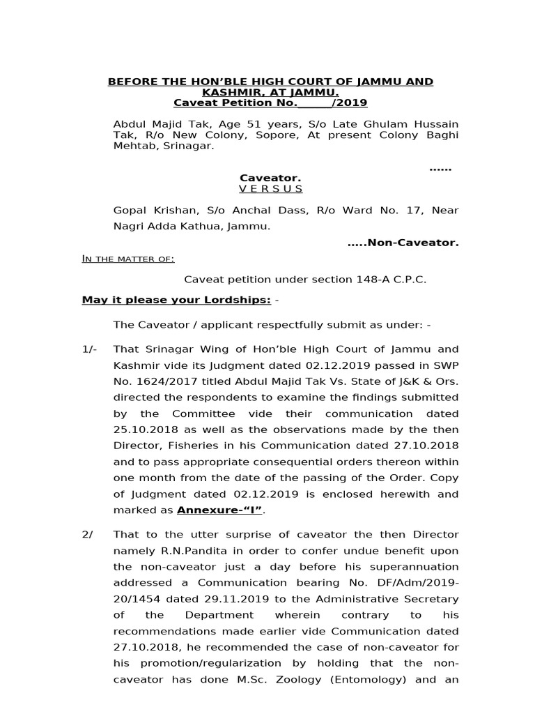 Caveat Petition by Abdul Majid Tak | PDF | Ex Parte | Separation Of Powers