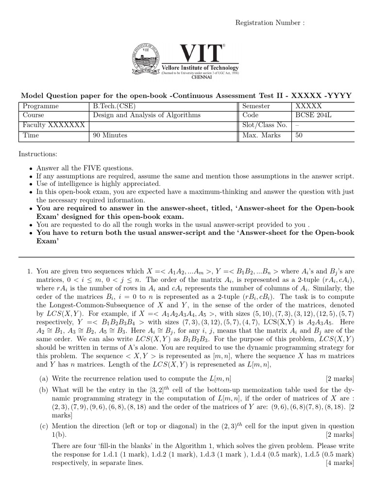 BCSE204L Open Book Exam Model Question Paper | PDF | Time Complexity | Dynamic Programming