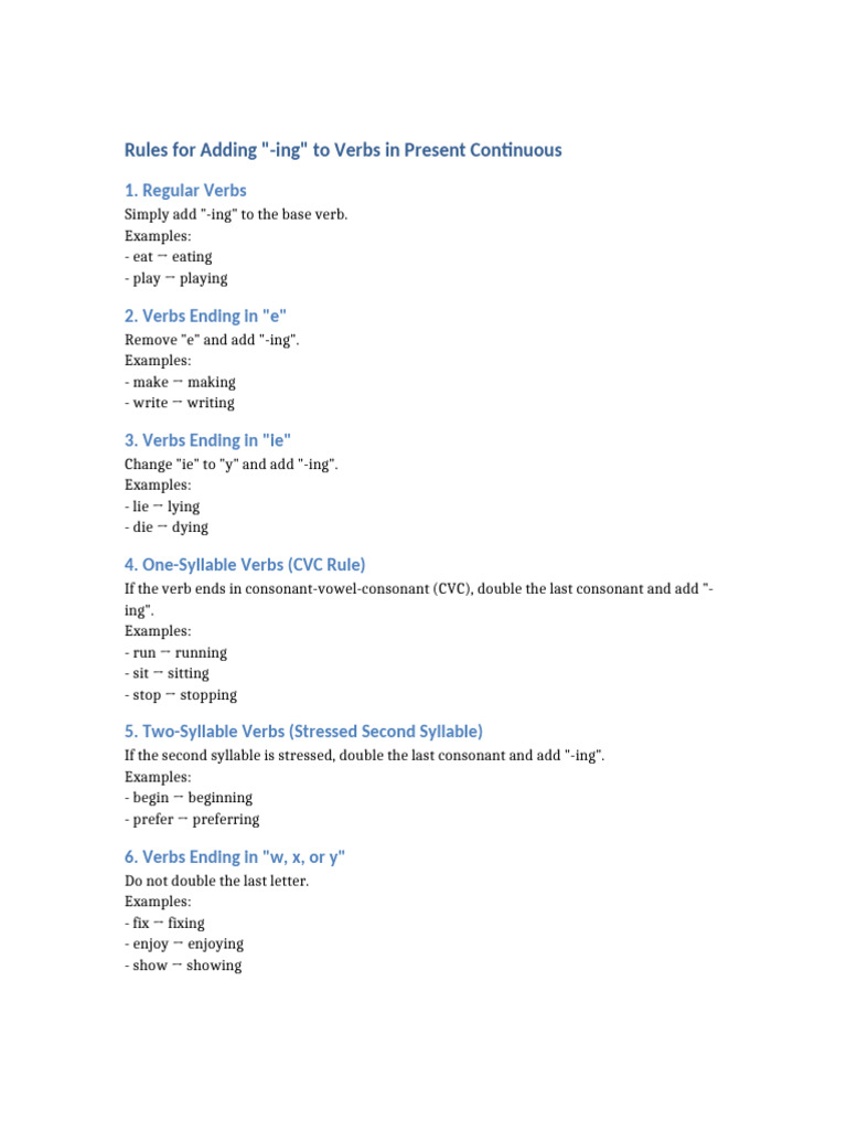 Adding "-ing" to Verbs Rules | PDF