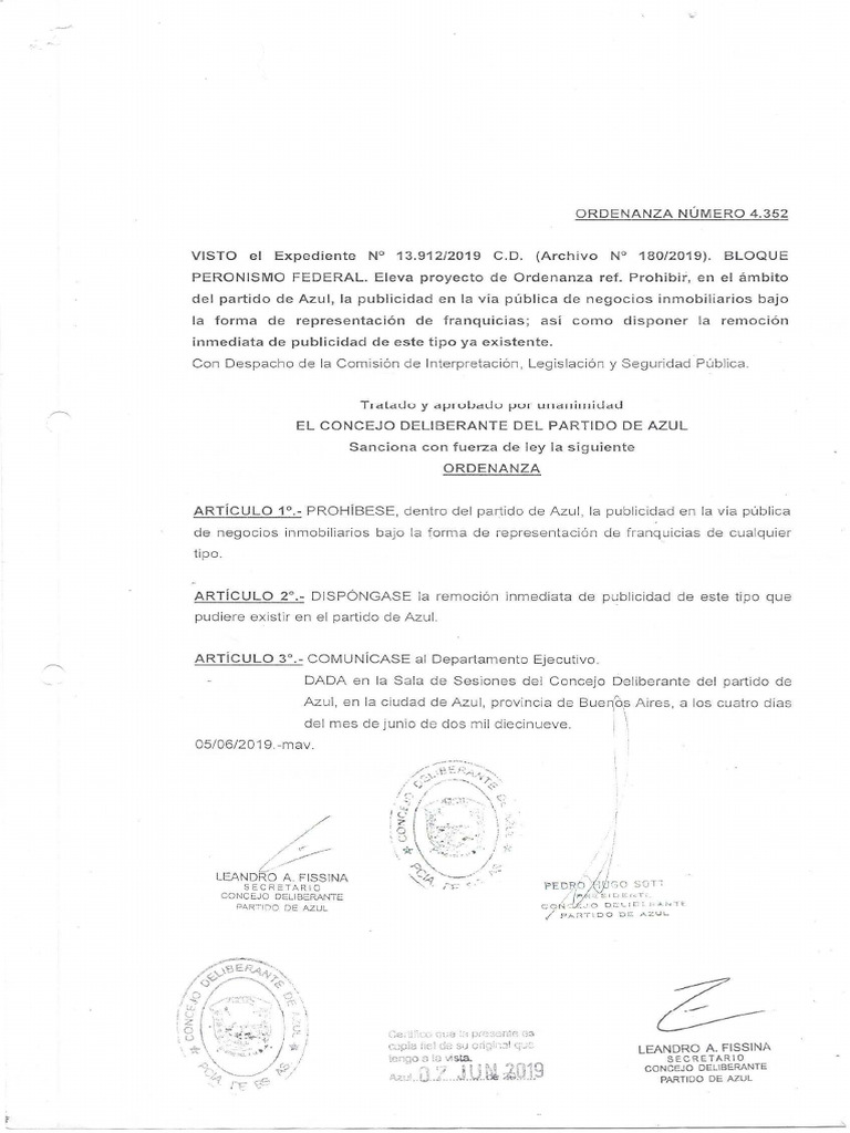 Ordenanza 4352-2019 Municipalidad de Azul | PDF