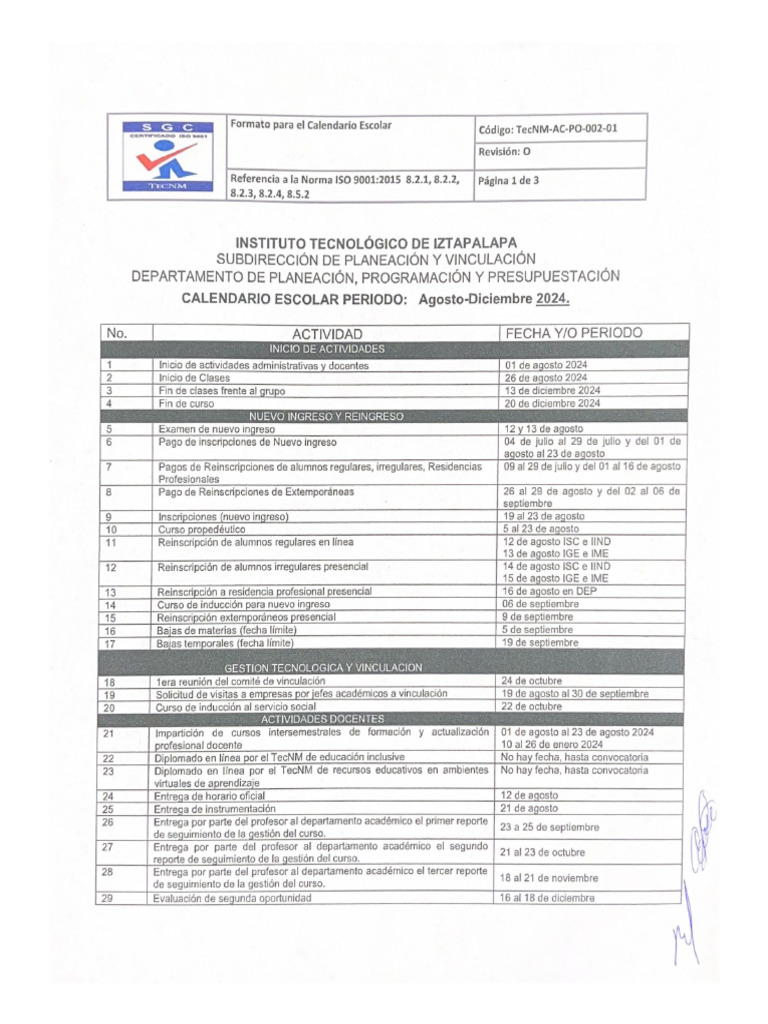 Calendario ITIZ Ago-Dic 2024 | PDF