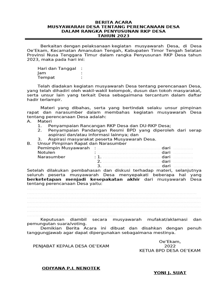 24 Format Berita Acara Musdes Pembahasan, Penetapan Dan Pengesahan RKP Desa | PDF