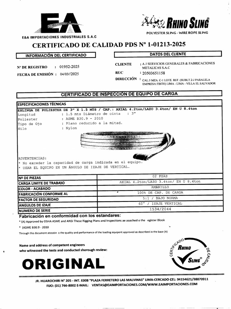 CERTIFICADO DE ESLINGAS | PDF