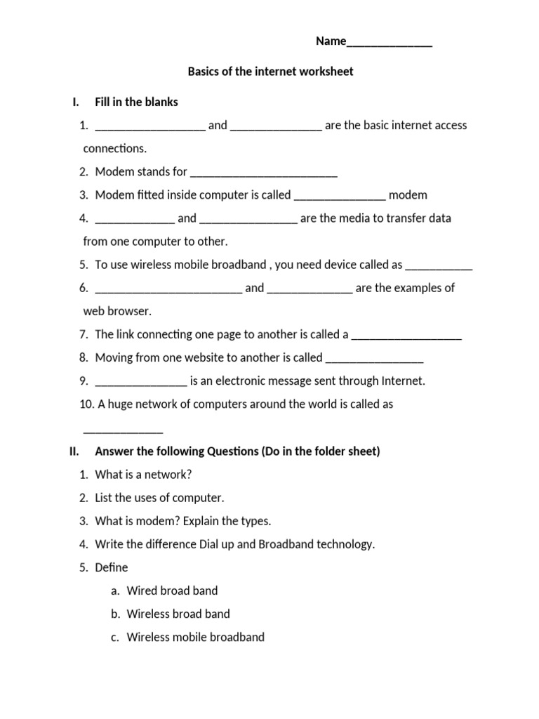 Internet Basics Worksheet for Students | PDF