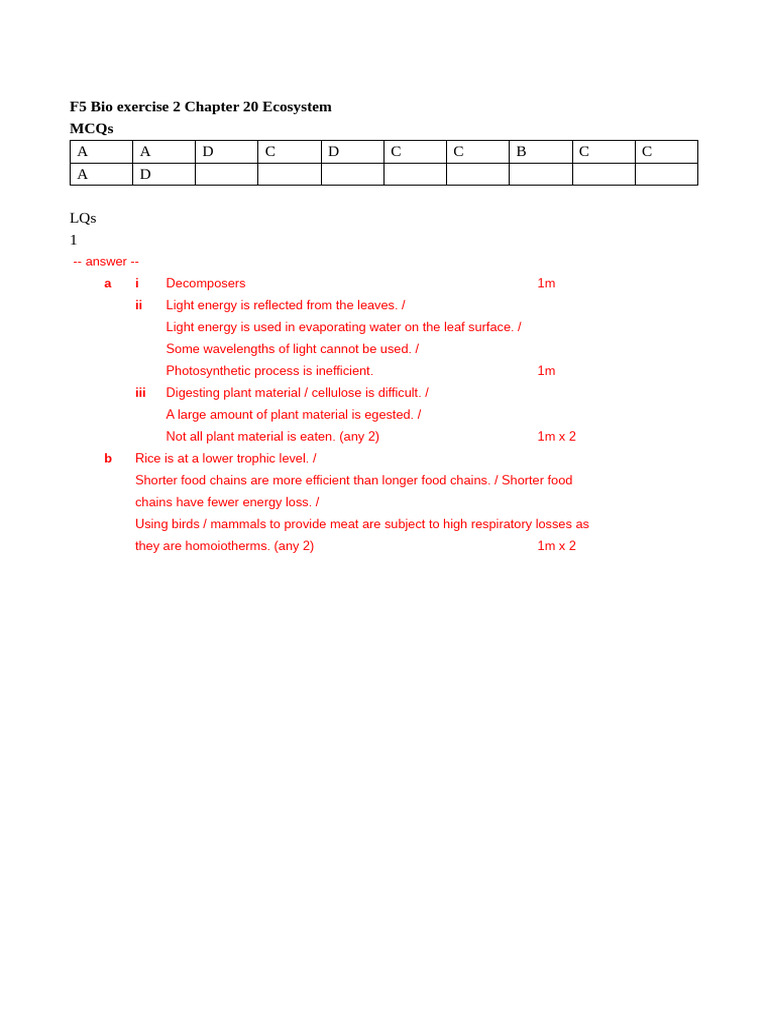 F5 Bio Exercise 2 Marking Chapter 20 Ecosystem (Short) | PDF | Food Web | Biology