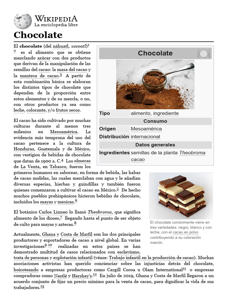 Chocolate - Wikipedia, La Enciclopedia Libre | PDF | Chocolate | Grano ...