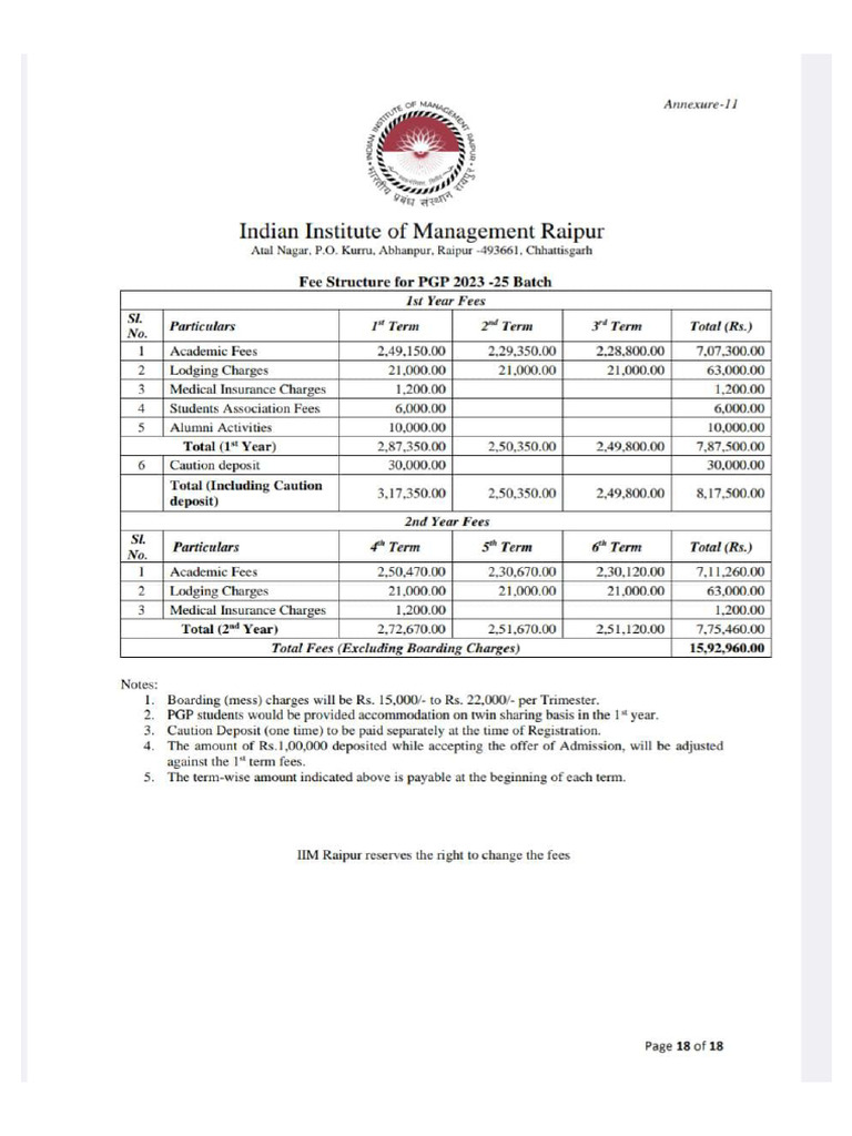 Fees Structure - IIMRaipur | PDF