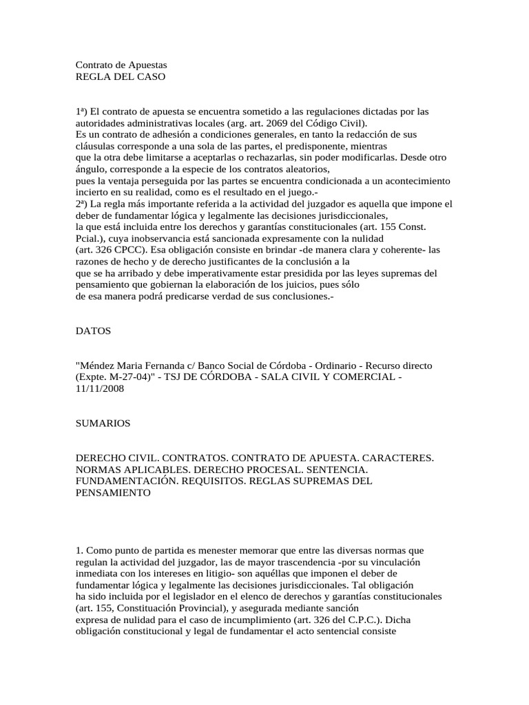Contrato de Apuestas Requisitos Del Contrato Deber de Fundamentar Lógica y Legalmente Las ...
