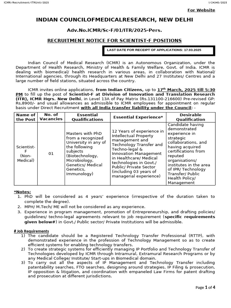 ICMR Scientist-F Recruitment 2025 | PDF | Technology Transfer | Medicine