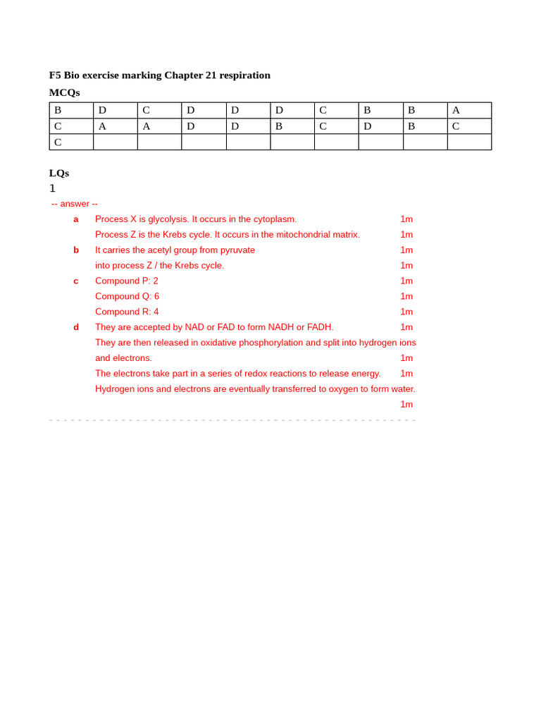 F5 Bio Exercise Marking Chapter 21 Respiration | PDF | Cellular Respiration | Citric Acid Cycle