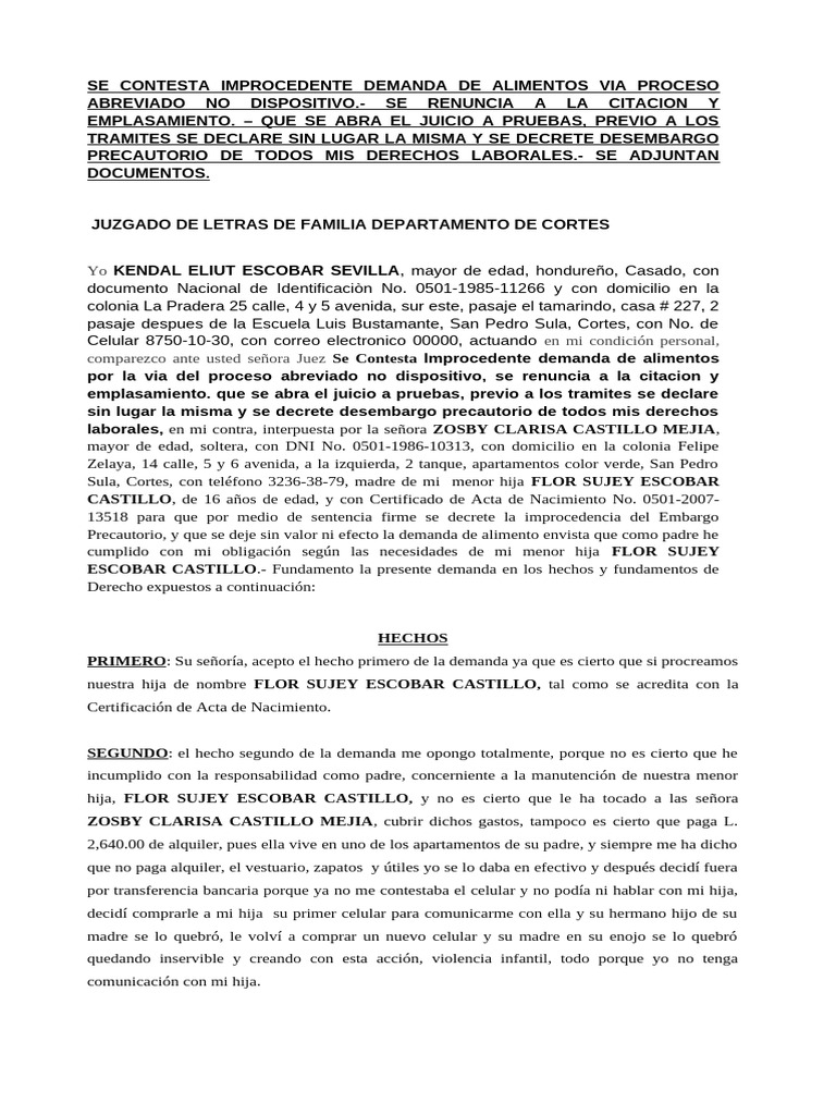 Se Contesta Demanda de Alimentos Eliut | PDF | Pensión alimenticia ...