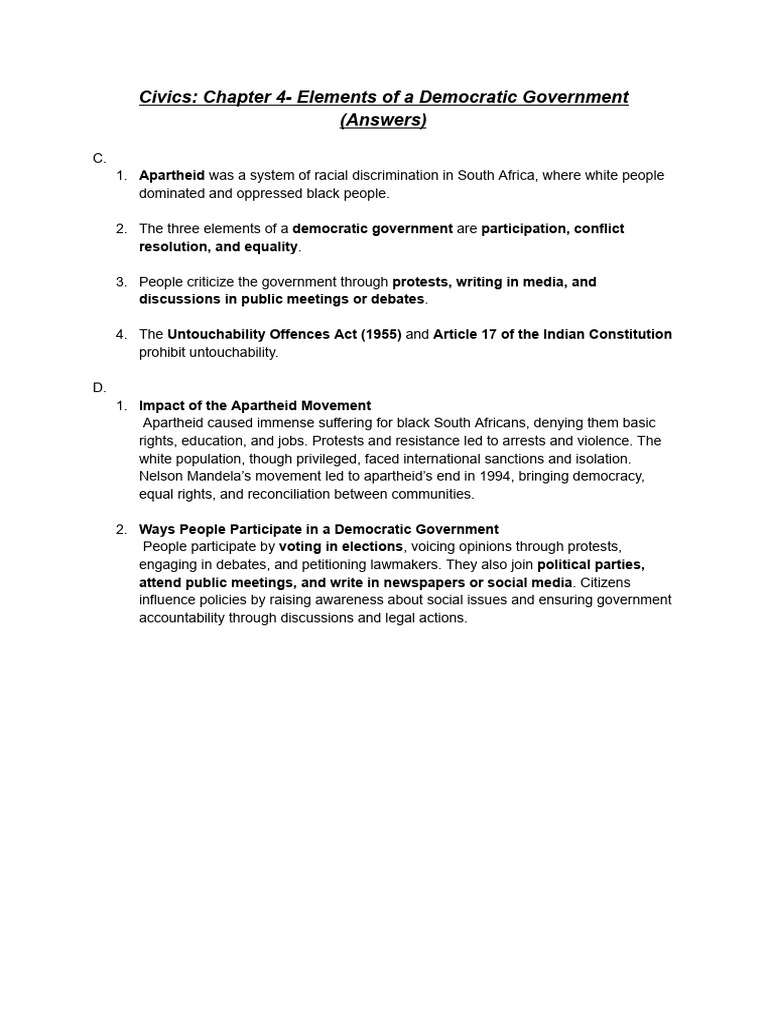 Civics - Chapter 4 - Elements of A Democratic Government (Answers) | PDF