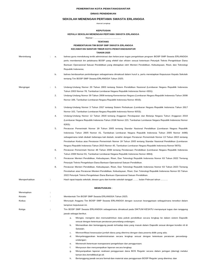 Contoh SK Tim BOS Sekolah 2025 | PDF