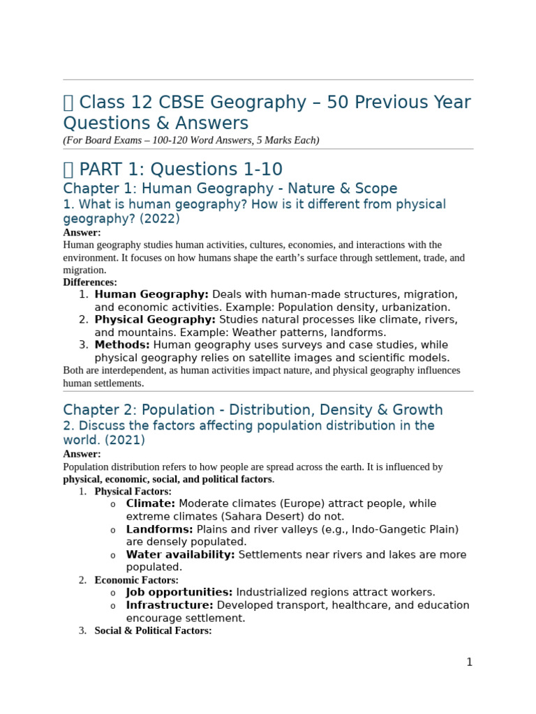Class 12 Geography: 50 Key Q&A Guide | PDF | Agriculture | Air Pollution