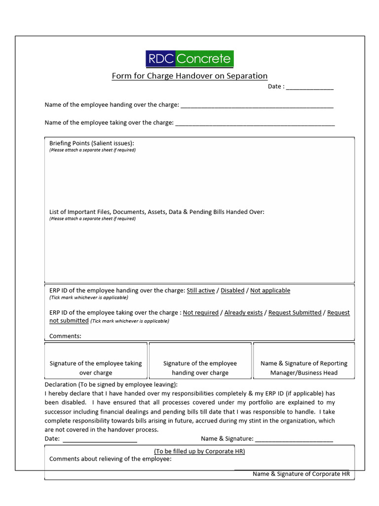 Form For Charge Handover On Separation | PDF