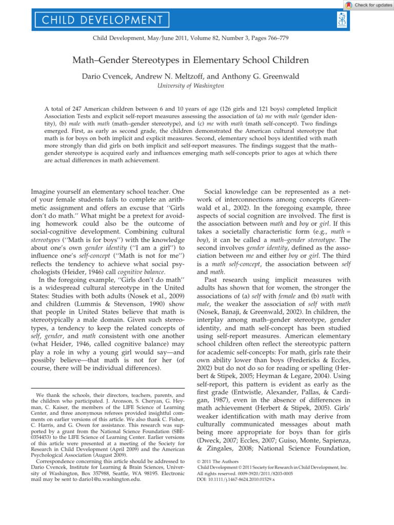 Child Development - 2011 - Cvencek - Math Gender Stereotypes in ...
