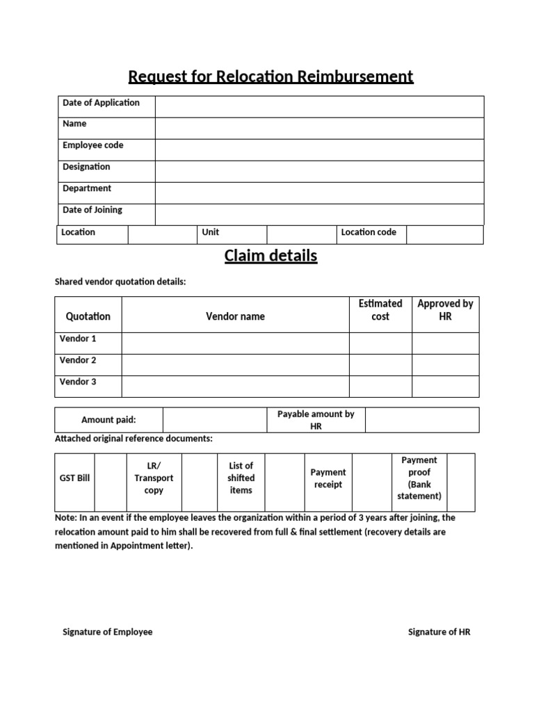 Relocation Reimbursement Request Form | PDF