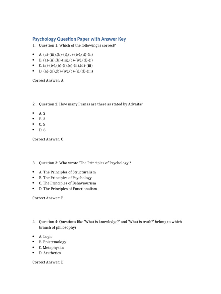 Psychology Question Paper with Answers | PDF