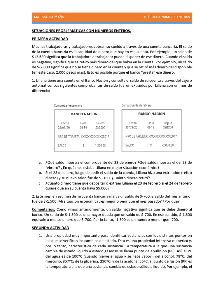 PR-CTICA 3. Situaciones Problem-Ticas Con N-Meros Enteros. | PDF | Bancos | Número natural