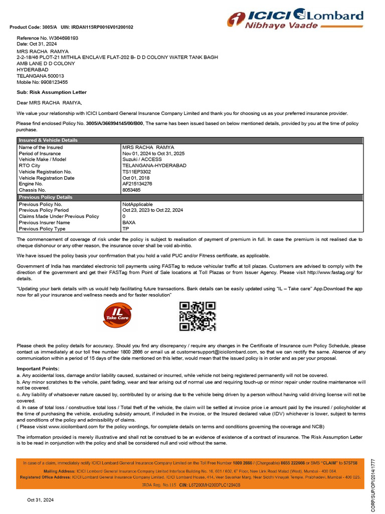 Sub: Risk Assumption Letter: Insured & Vehicle Details | PDF ...