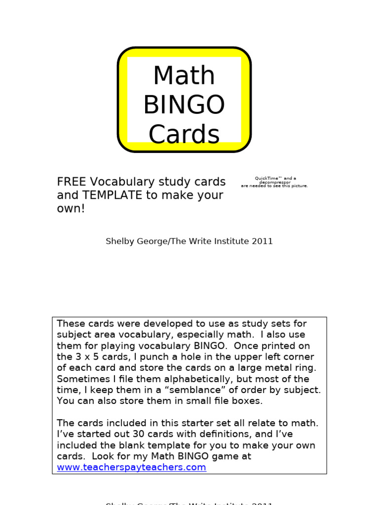 Math Bingo Cards: FREE Vocabulary Study Cards and TEMPLATE To Make Your ...
