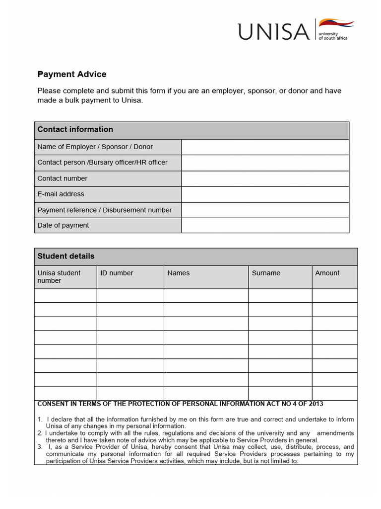 Unisa Bulk Payment Submission Form | PDF | Justice | Crime & Violence