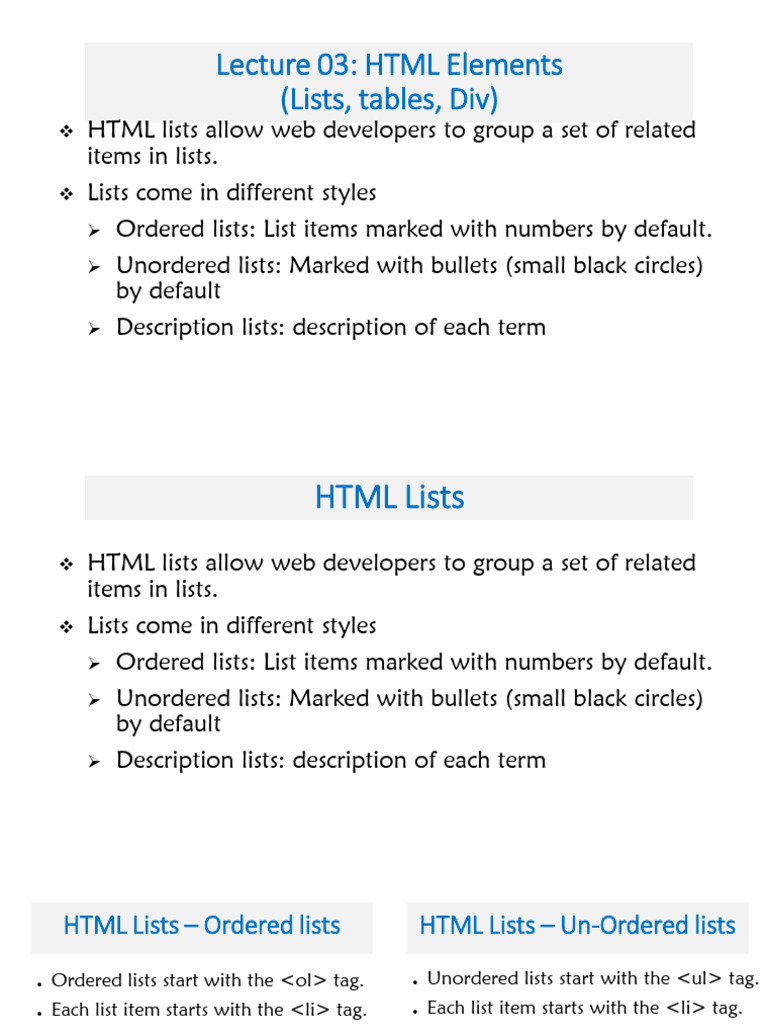 Lecture 03 Html Elements Lists Tables And Div Pdf Html Element 9345